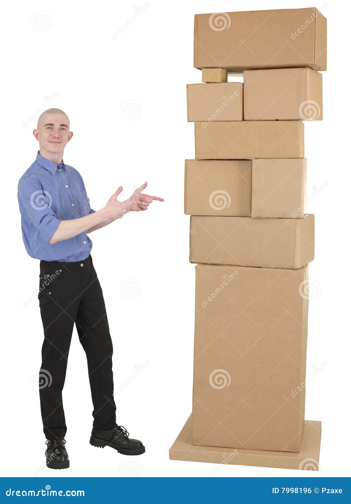 Man Showing on Pile Cardboard Boxes Stock Photo - Image of parcel, pack ...