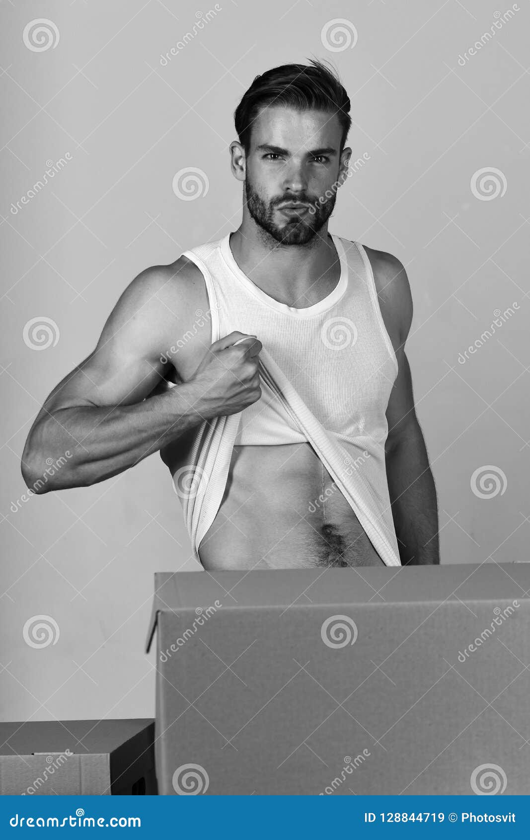 Man Showing Torso Among Cardboard Boxes Stock Image Image Of Deliver