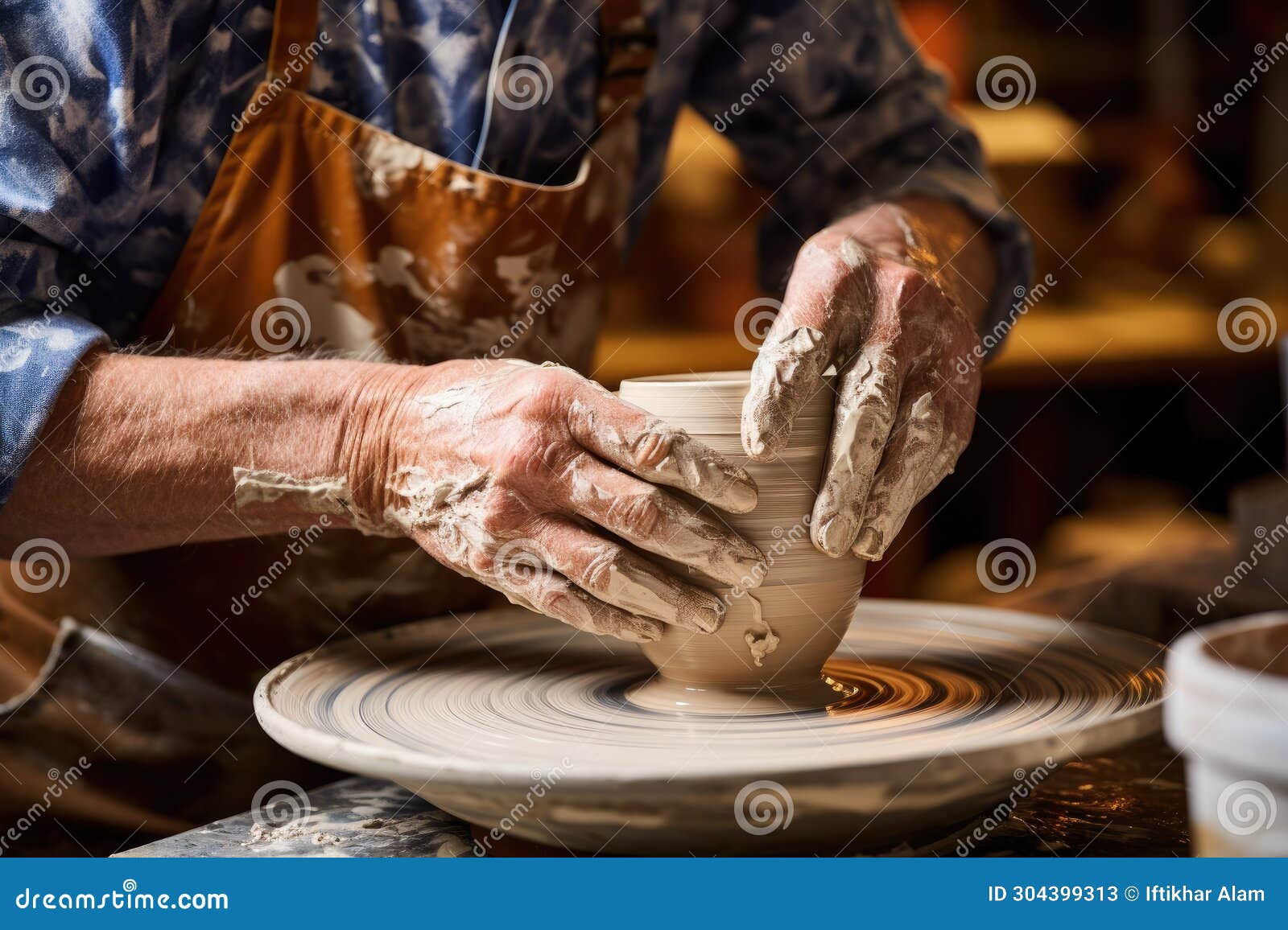 A Man is Shown in the Process of Creating a Vase by Molding Clay Using ...