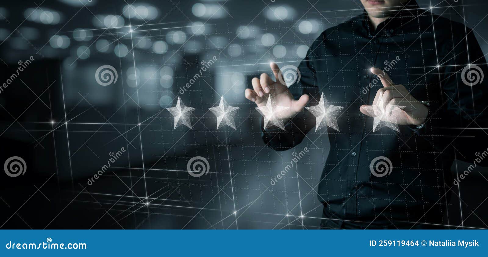 A Man Shows a Five Star Rating on a Virtual Screen Stock Photo - Image ...