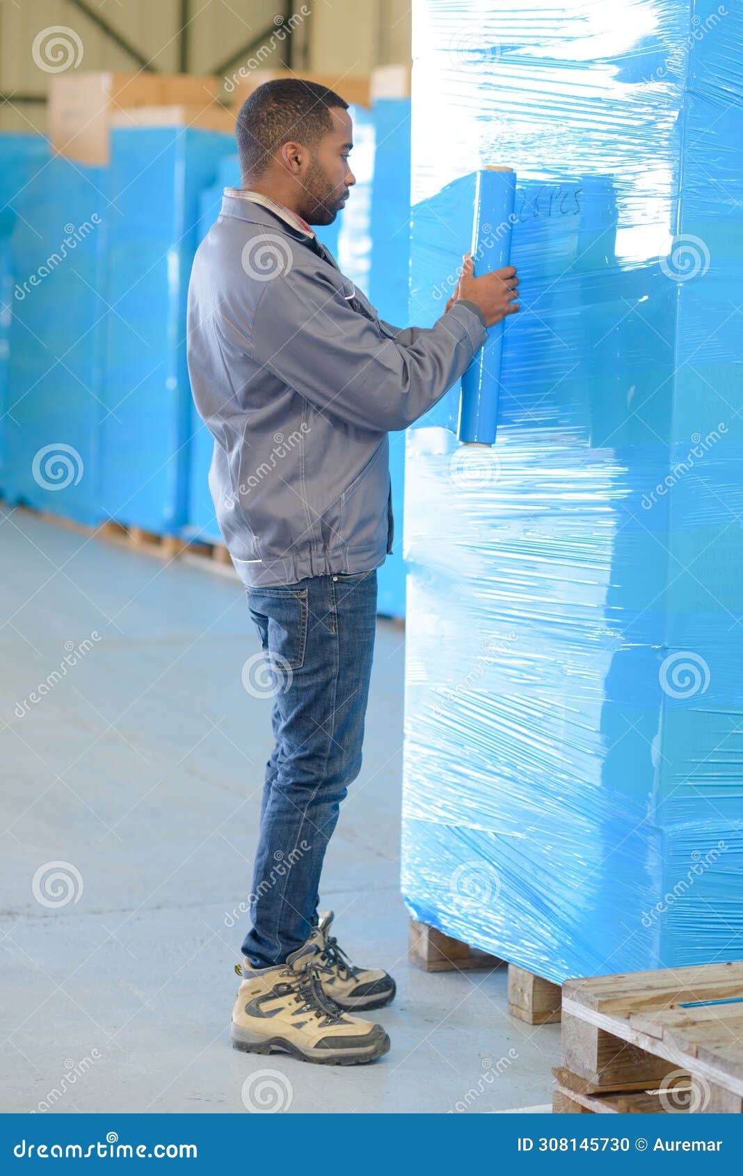 Man shrink wrapping pallet stock photo. Image of storage - 308145730