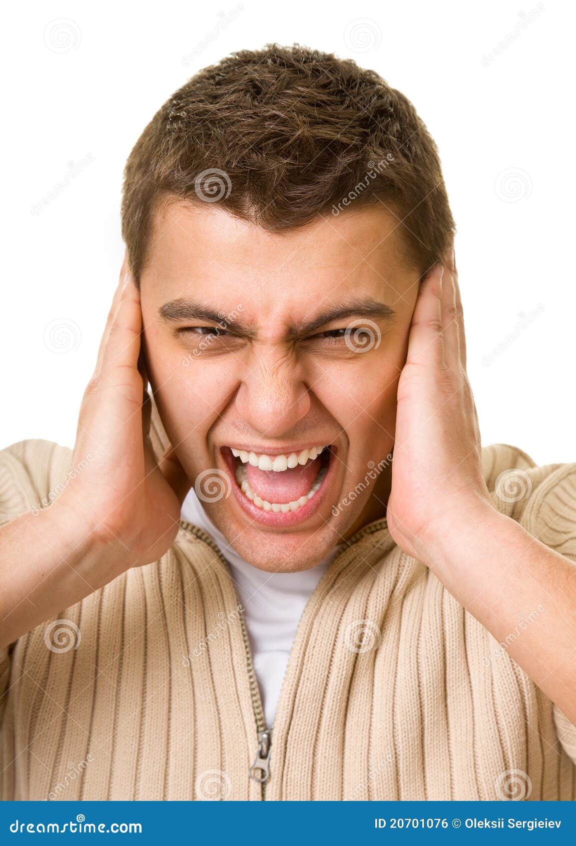 Man shuts his ears hands stock photo. Image of expression - 20701076