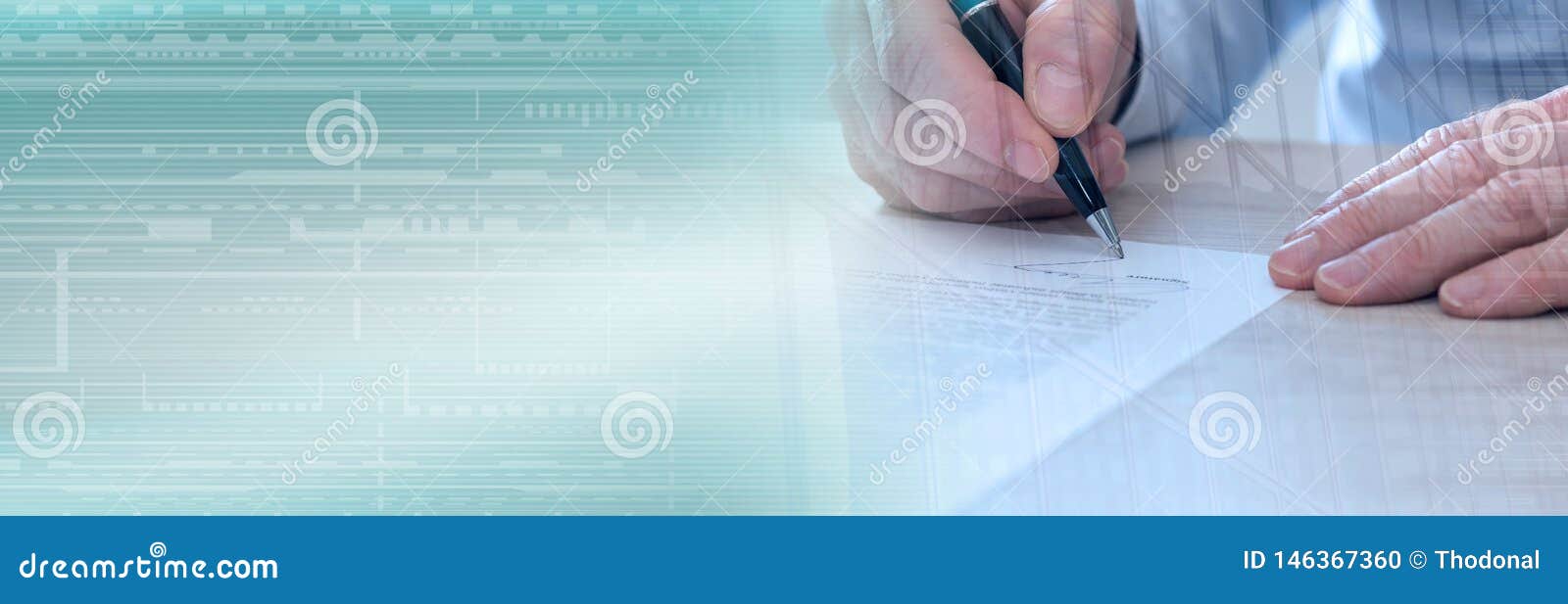 Man Signing a Contract, Light Effect, Double Exposure. Panoramic Banner ...