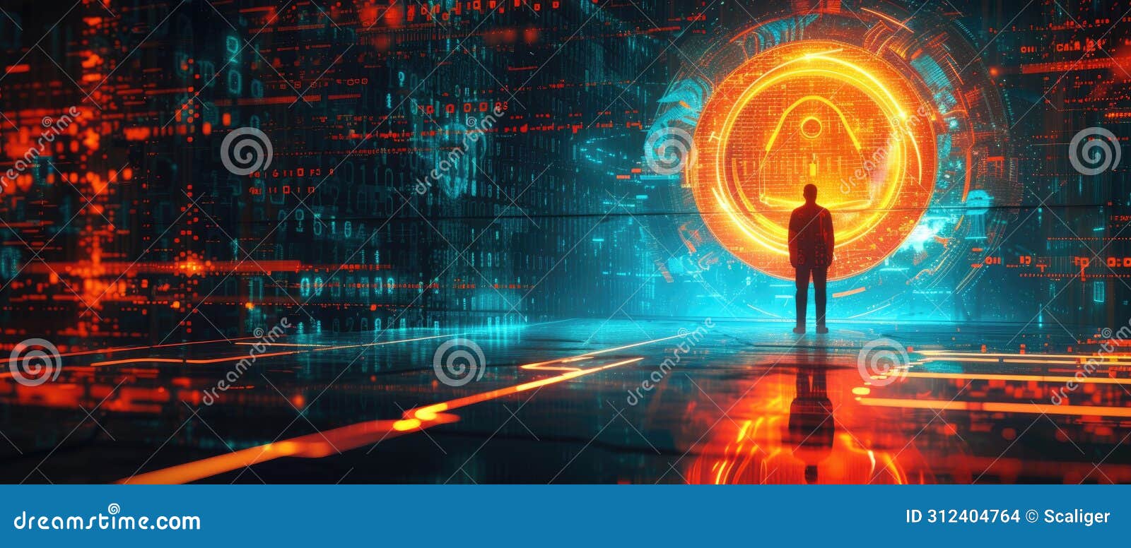 Man Silhouette on Digital Data Background, Banner with Abstract Network ...