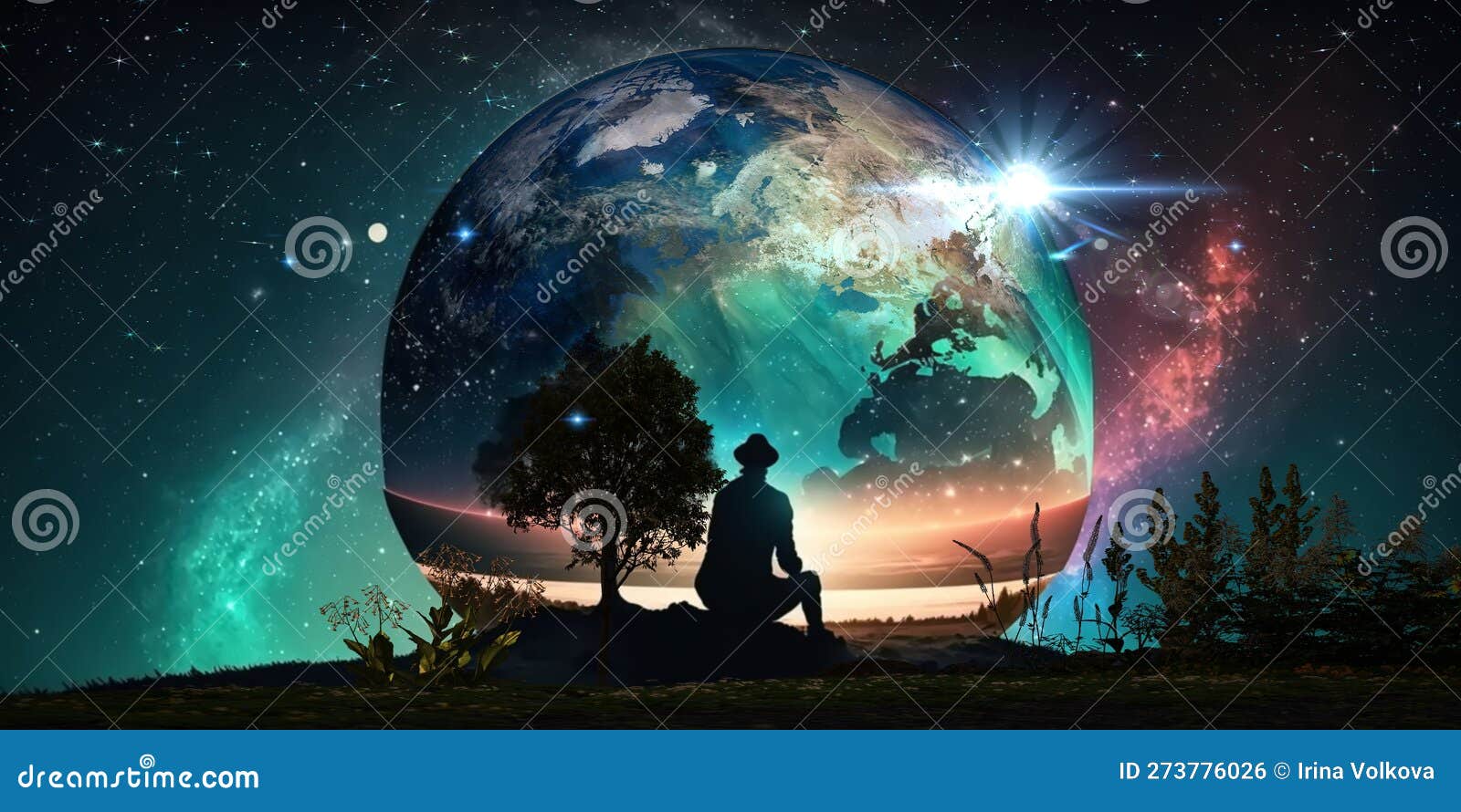 Man Silhouette Sit on Earth Watching Starry and Globe Horizon Star Fall ...