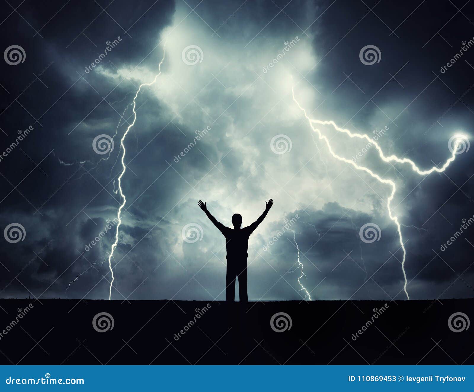 Man Silhouette On A Storm Background Lord Of The Lightning Stock Image