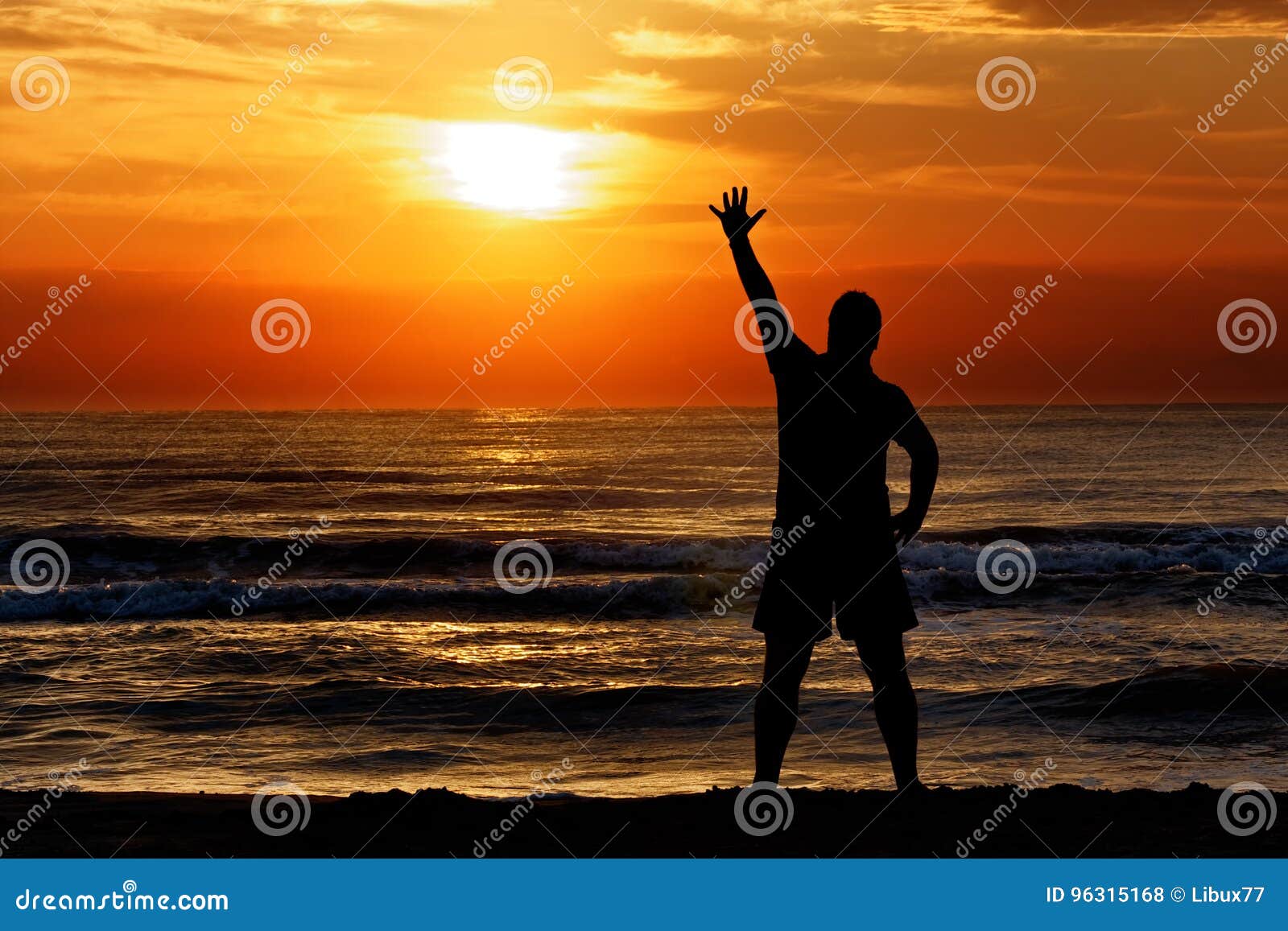 Man Silhouette Waving Sun Sunset Sea Stock Photo - Image of male, sand ...