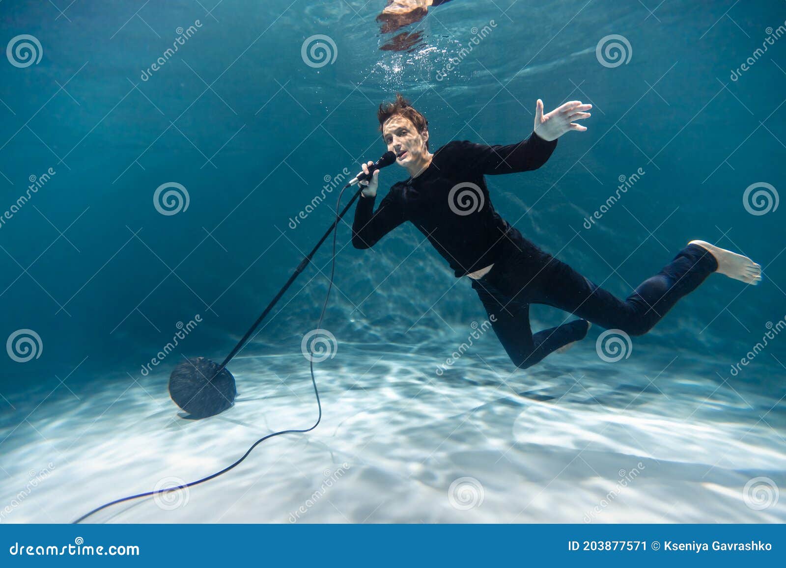 Singer Man with Microphone Underwater. Copy Space. Art Stock Image ...