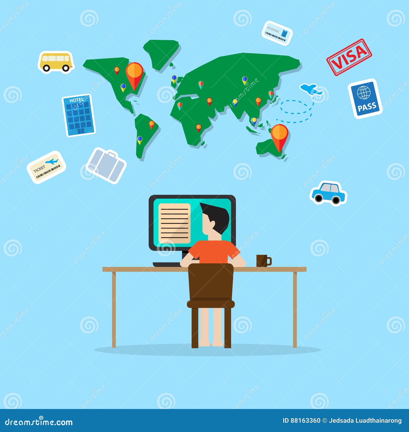 Man Sit in Front of Computer Planning for Travel Stock Vector ...