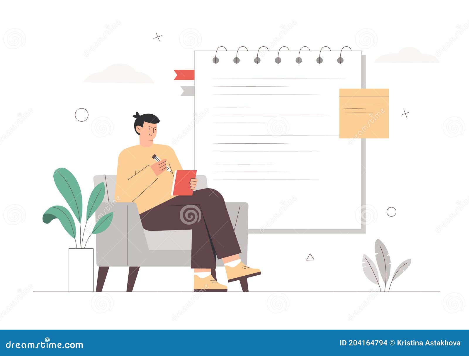 Man Sits in Chair and Writes and Take Notes, Next To a Huge Notebook ...