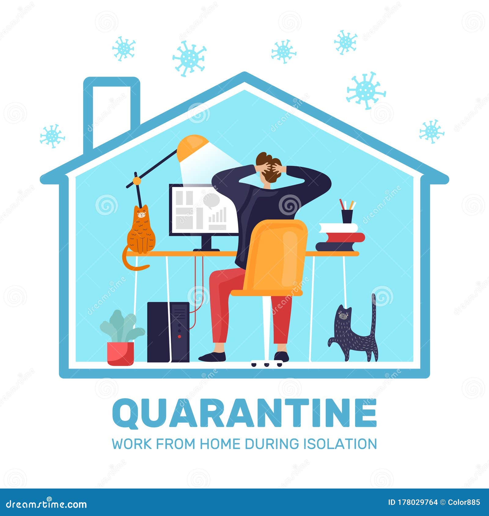 Man Sits at the Computer with Cats on a White Background Home Isolation ...