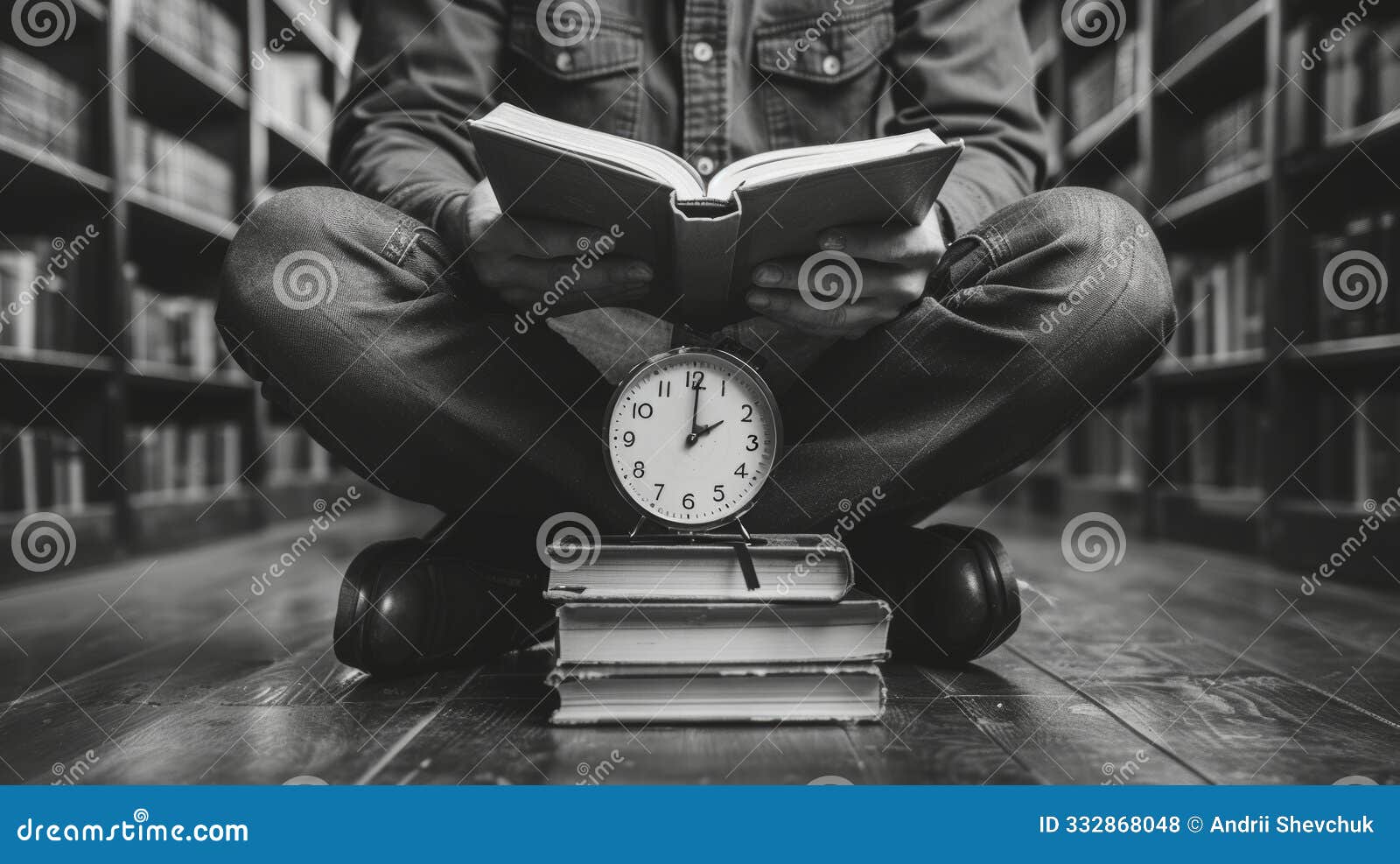 Man Reading a Book Balanced on Books with Clock in Library Stock ...