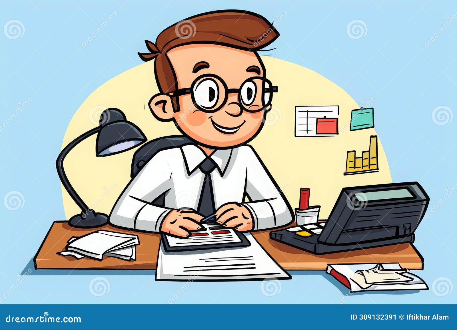 A Man Sits at a Desk, Engrossed in His Work on a Computer, Cartoon of ...