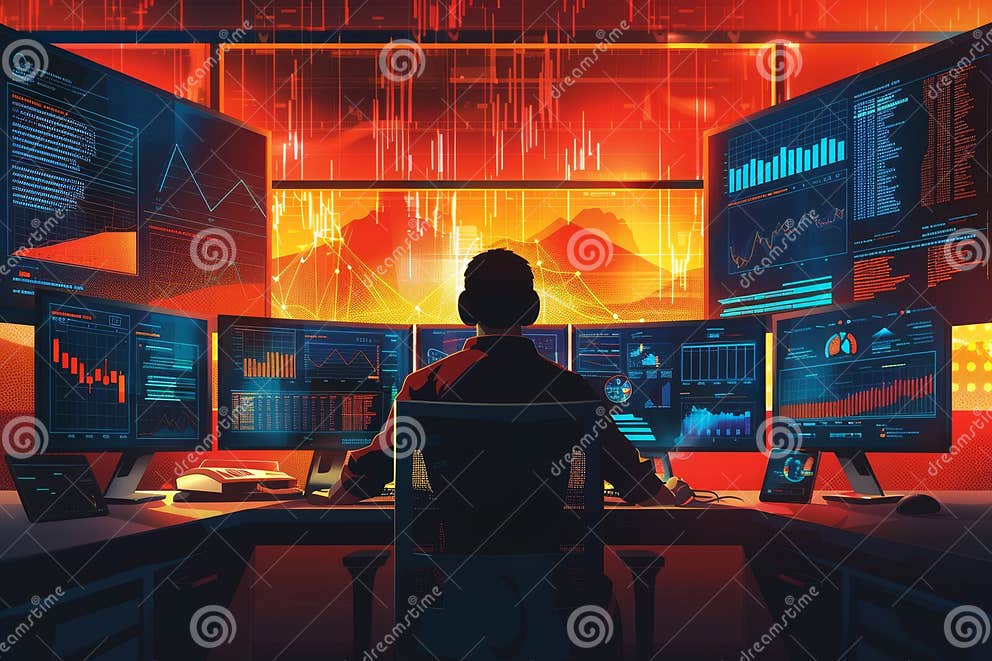 A Man Sits at a Desk in Front of Several Computer Monitors, Focusing on ...