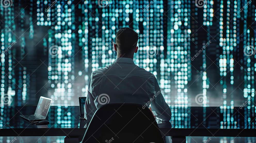 A Man Sits at a Desk, Intensely Focused on the Computer Screen in Front ...