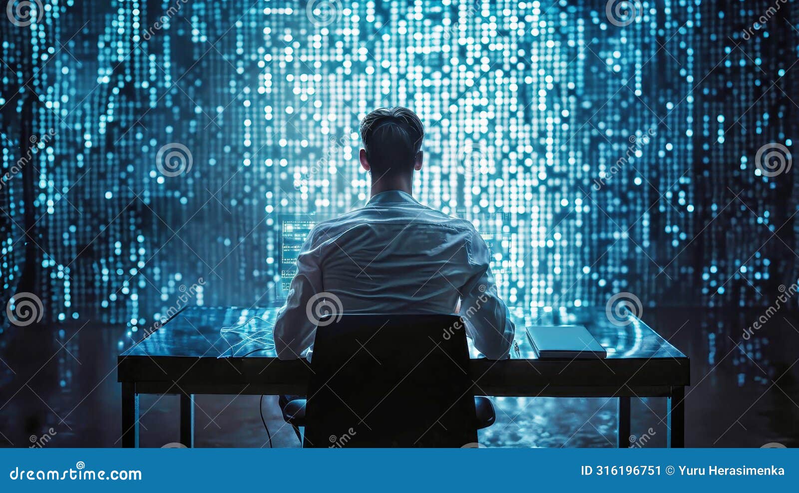 A Man Sits at a Desk, Intensely Focused on the Computer Screen in Front ...