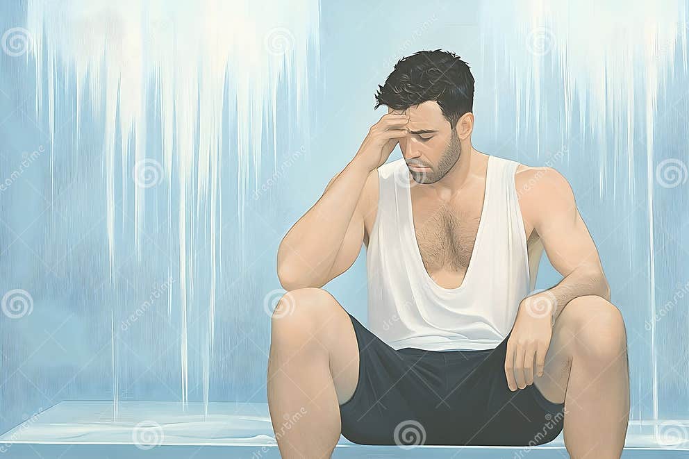 Man Sitting in a Shower Feeling Stressed and Overwhelmed with Water ...