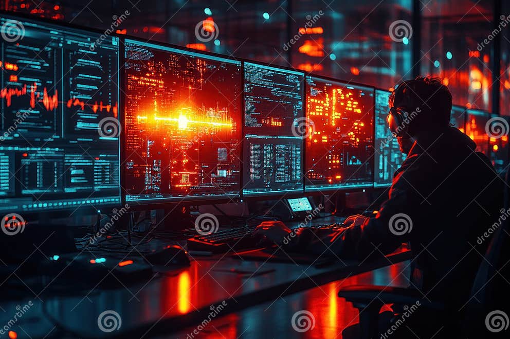 A Man Sits in Front of a Large Computer Screen, Working on a Complex ...
