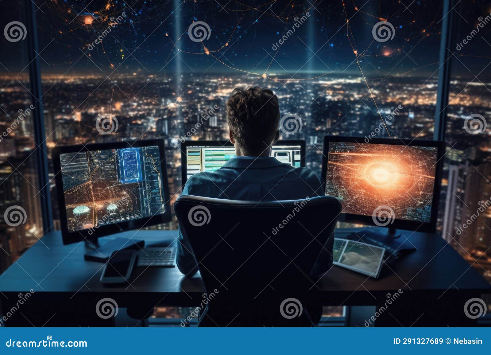 Man Sits in Front of Monitor Computer, Behind. High-tech Inventions ...