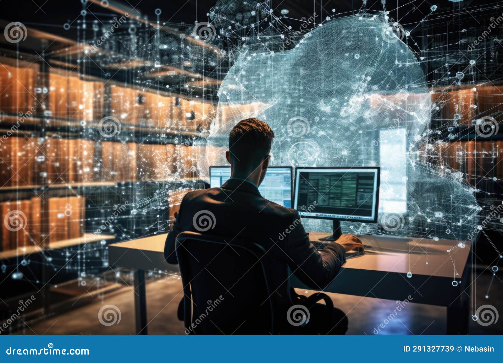 Man Sits in Front of Monitor Computer, Behind. High-tech Inventions ...