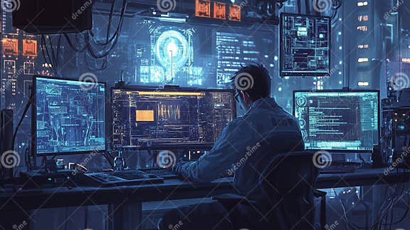 A Man Sits in Front of Multiple Computer Monitors, Each Displaying Different Data Stock ...