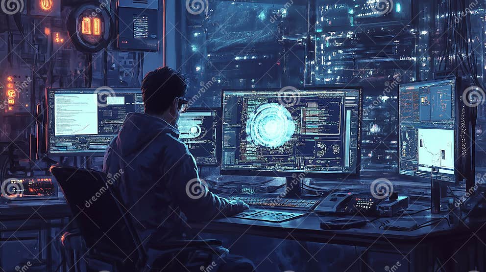 A Man Sits in Front of Multiple Computer Monitors, Each Displaying Different Data Stock ...