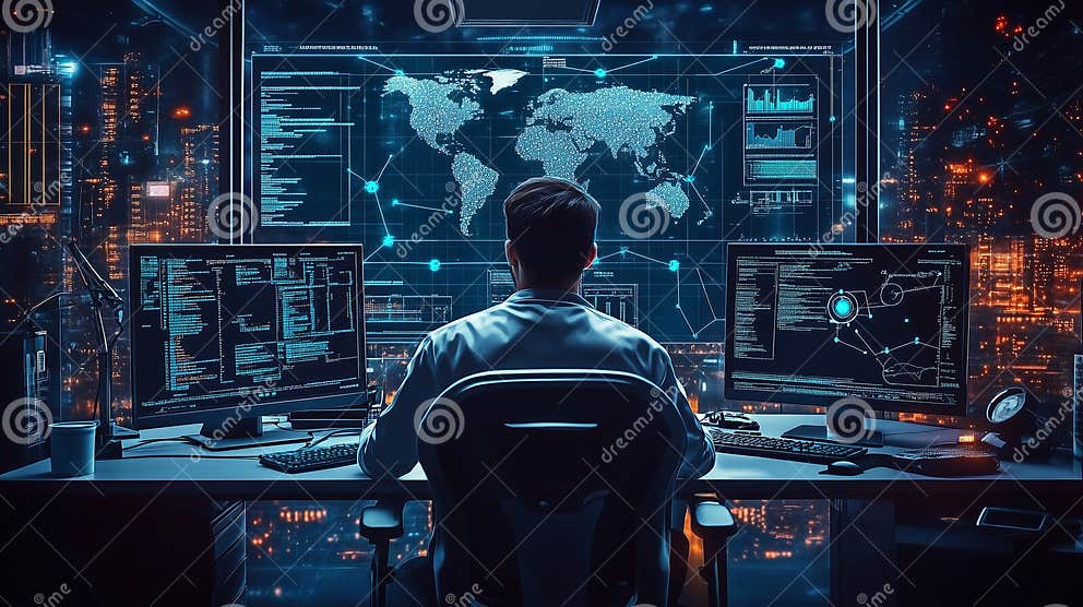 A Man Sits in Front of Multiple Computer Monitors, Each Displaying Different Data Stock ...