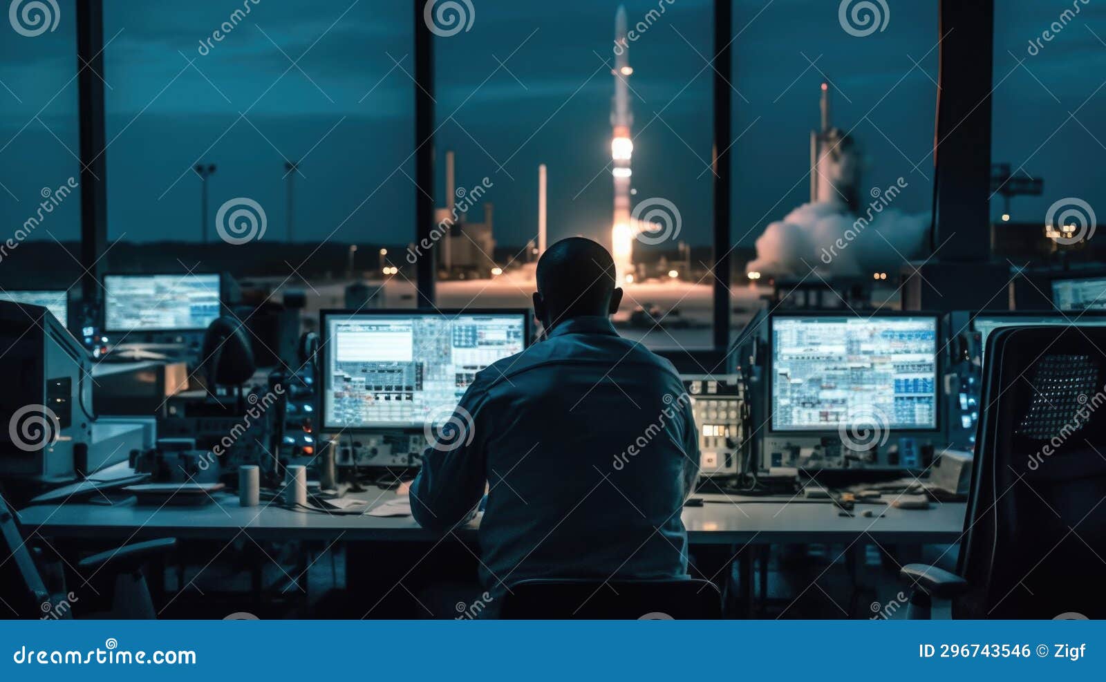 Man Sits at His Computer Watching a Rocket Launch Stock Illustration ...