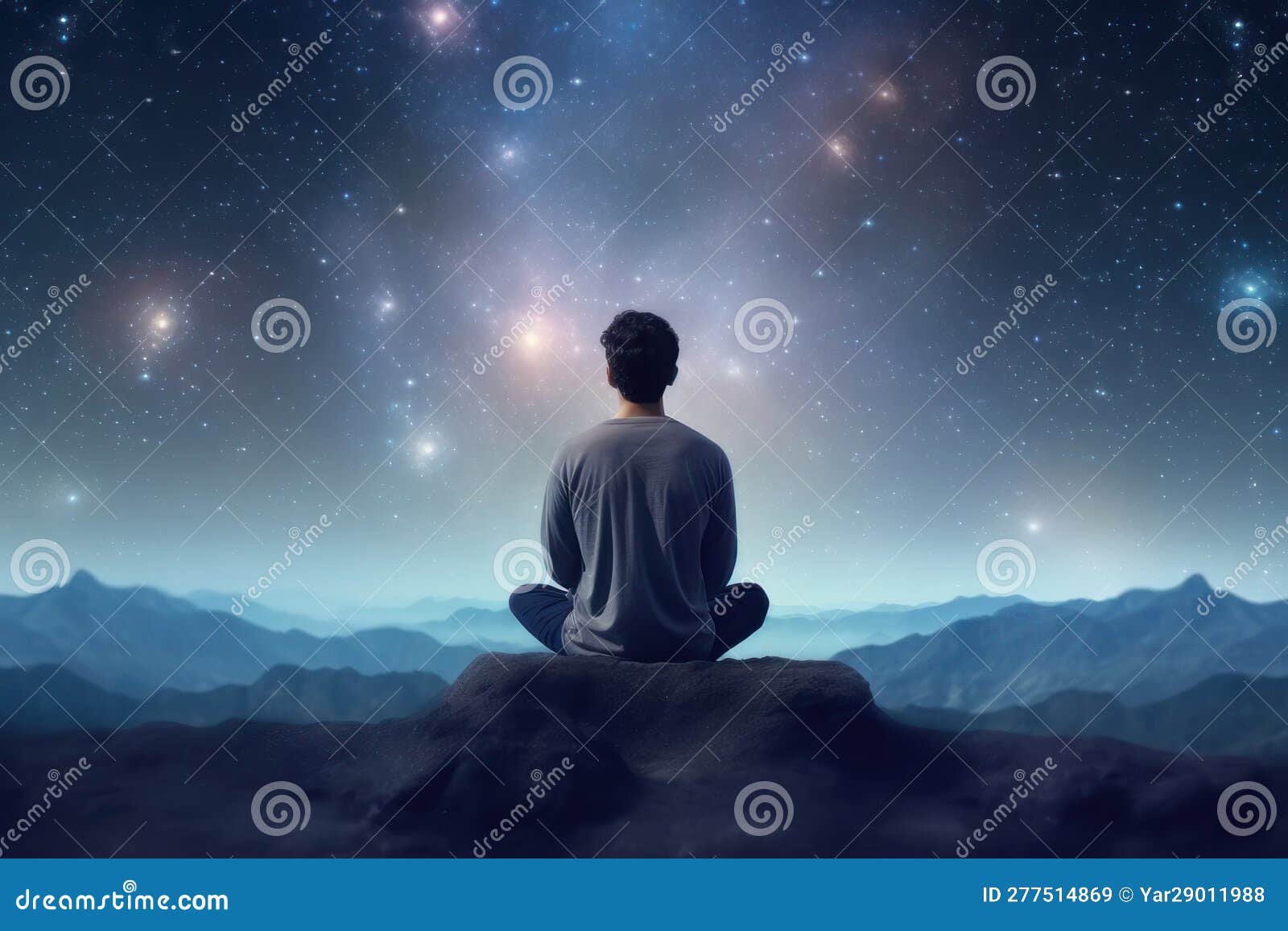 A Man Sits in a Pose of Meditation on a Mountain Against the Backdrop ...