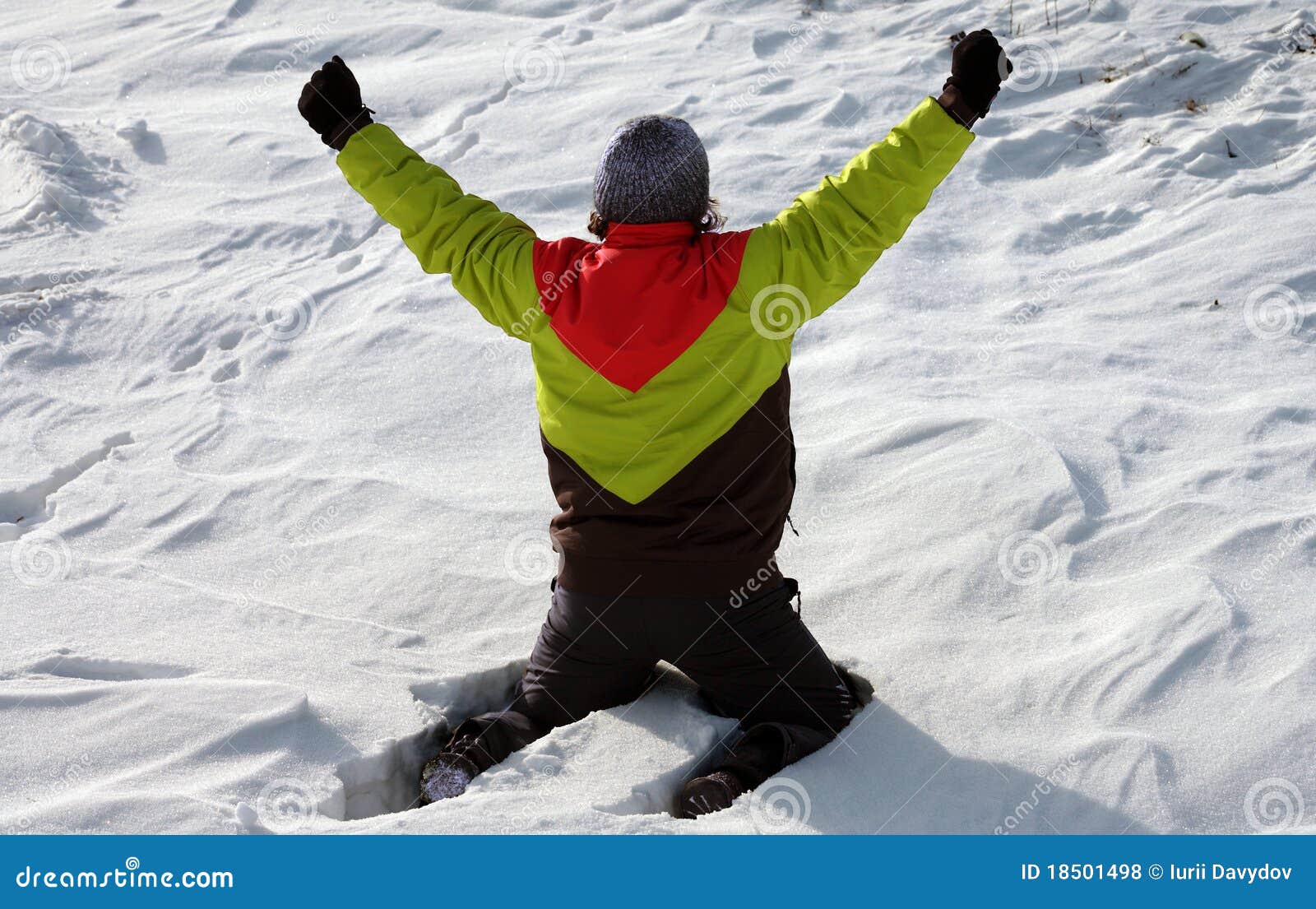 Man Sits in the Snow with His Hands-up Stock Photo - Image of ...