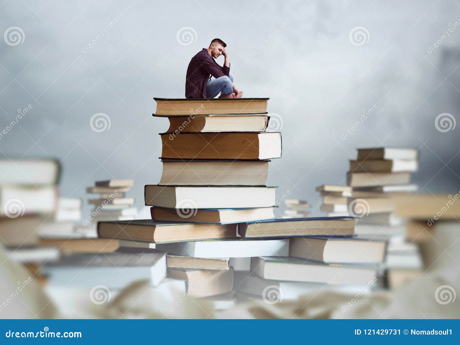 Man Sits on a Stack of Books Stock Image - Image of page, education ...