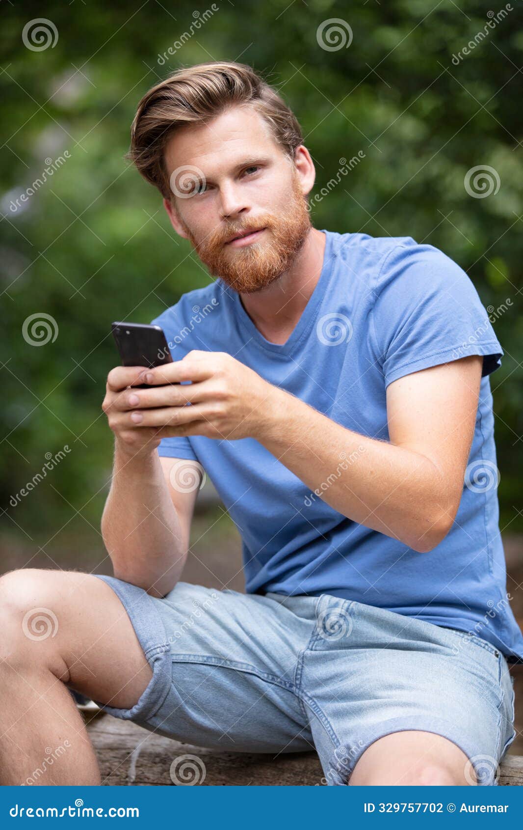 Man Sits on Tree Trunk in Forest Using Mobile Phone Stock Photo - Image ...
