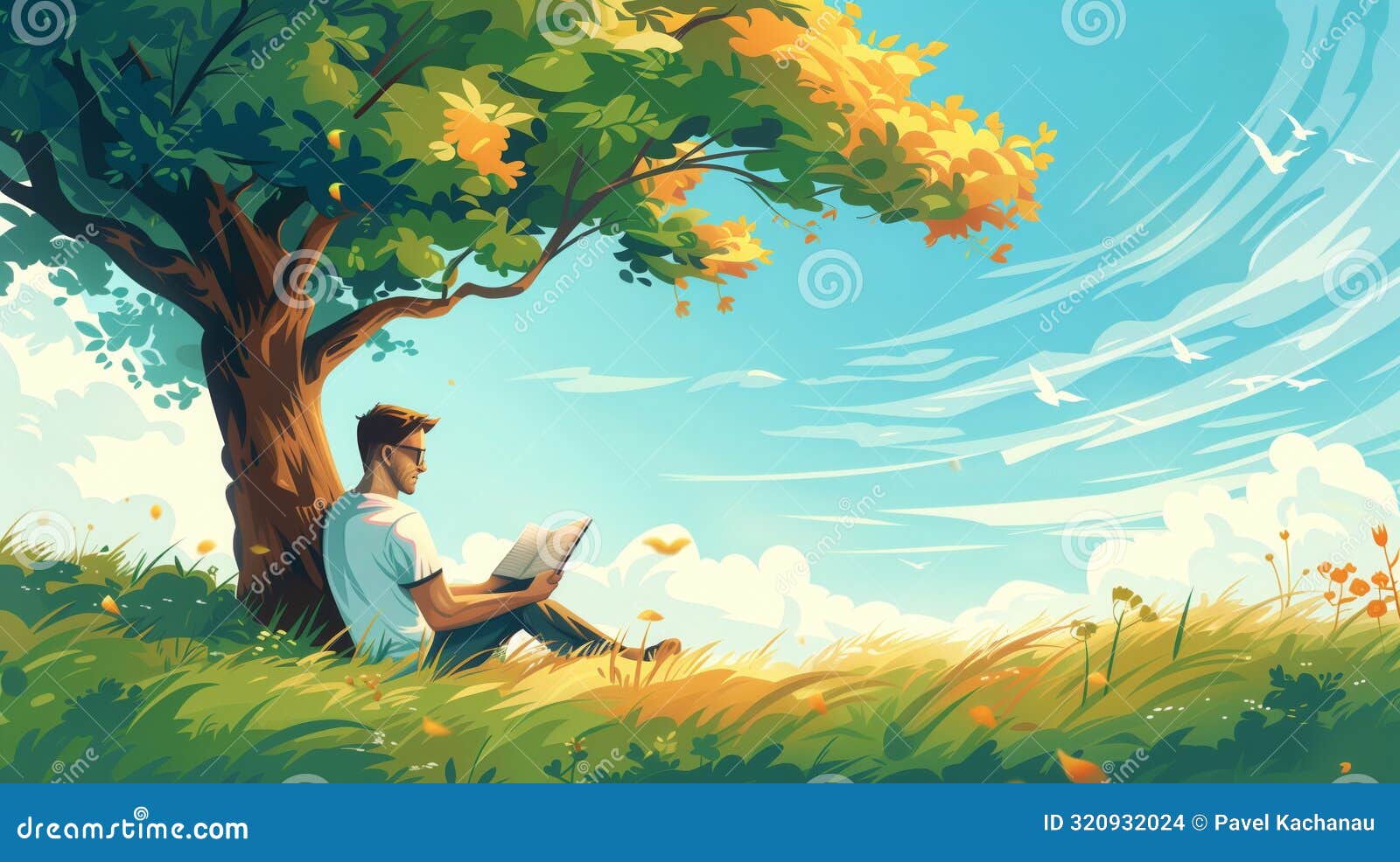 A Man Sits Under a Tree, Reading a Book in a Sunny Meadow Stock Photo ...