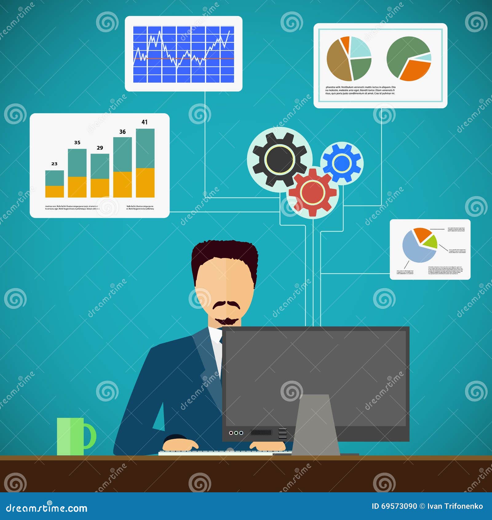 Man Sits on the Workplace at the Computer. Financial and Statistical ...