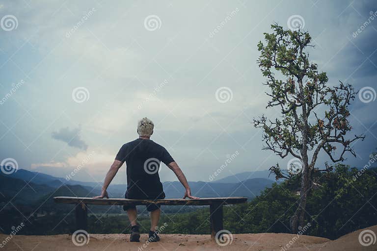 Man Sitting Alone on Bench Looking at View Stock Image - Image of ...
