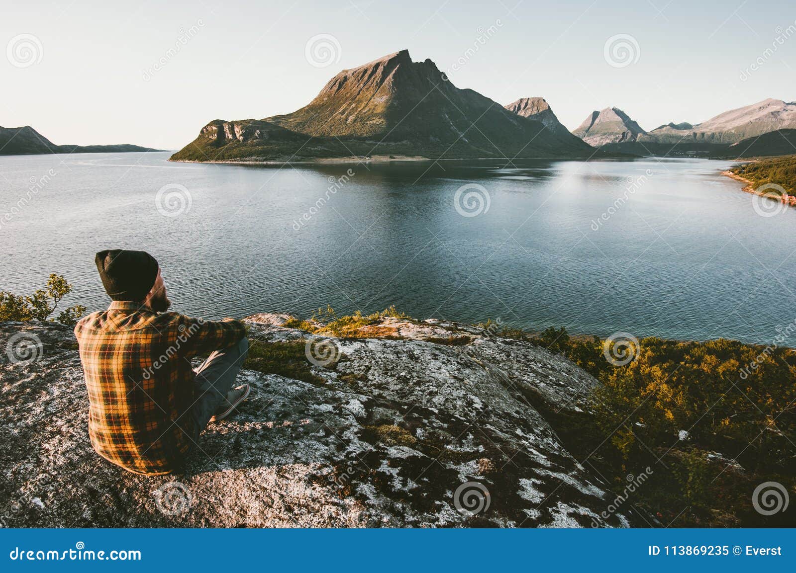 Man Sitting Alone Enjoying Sea and Mountains View Stock Image - Image ... Man Sitting Alone Enjoying Sea and Mountains View Stock Image - Image ...