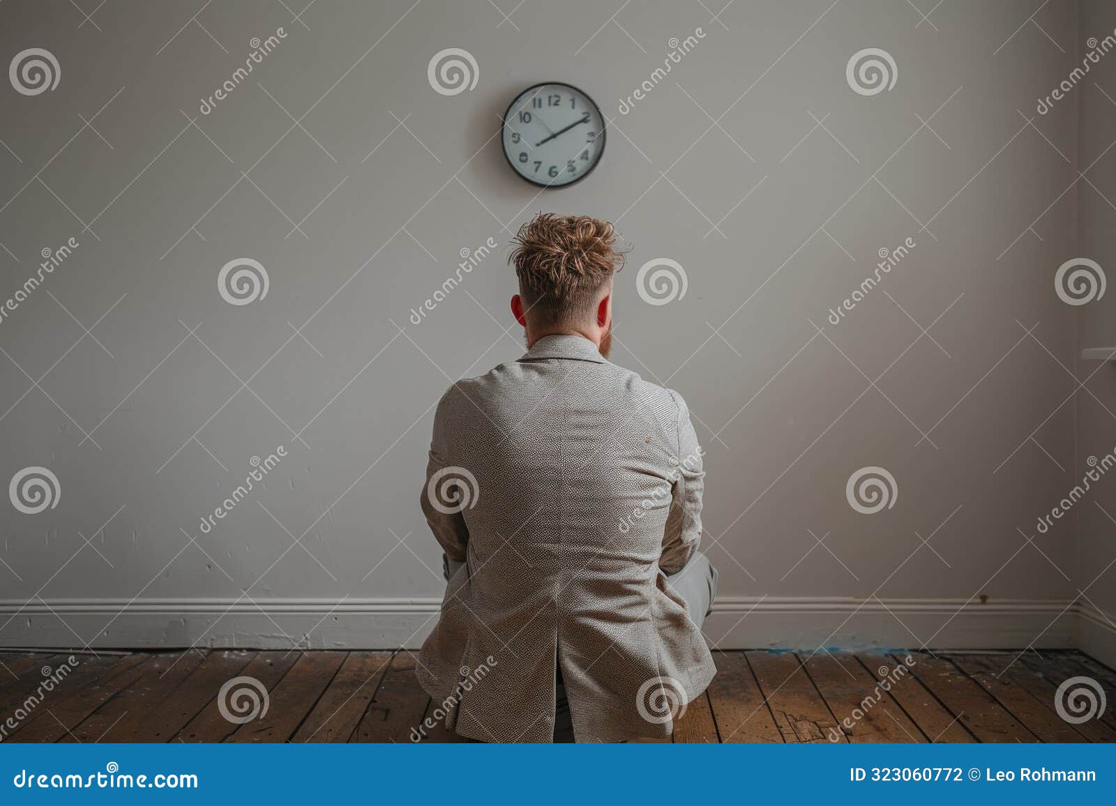 Man Sitting Alone in a Room with a Clock on the Wall, Symbolizing ...