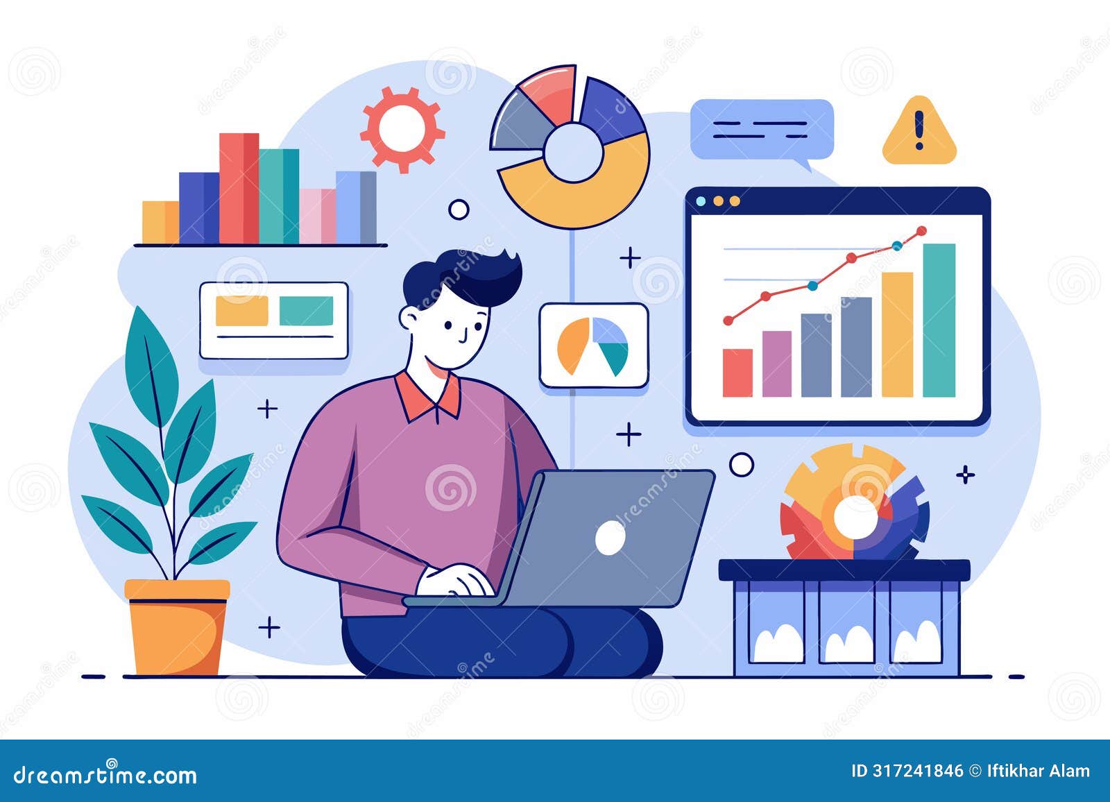 A Man Sitting and Analyzing Digital Data on a Laptop Computer, Worker ...