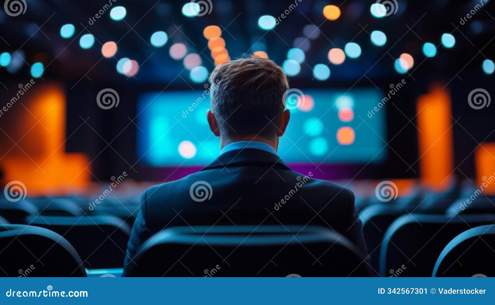 A Man Sitting in an Auditorium Facing a Screen Stock Illustration ...