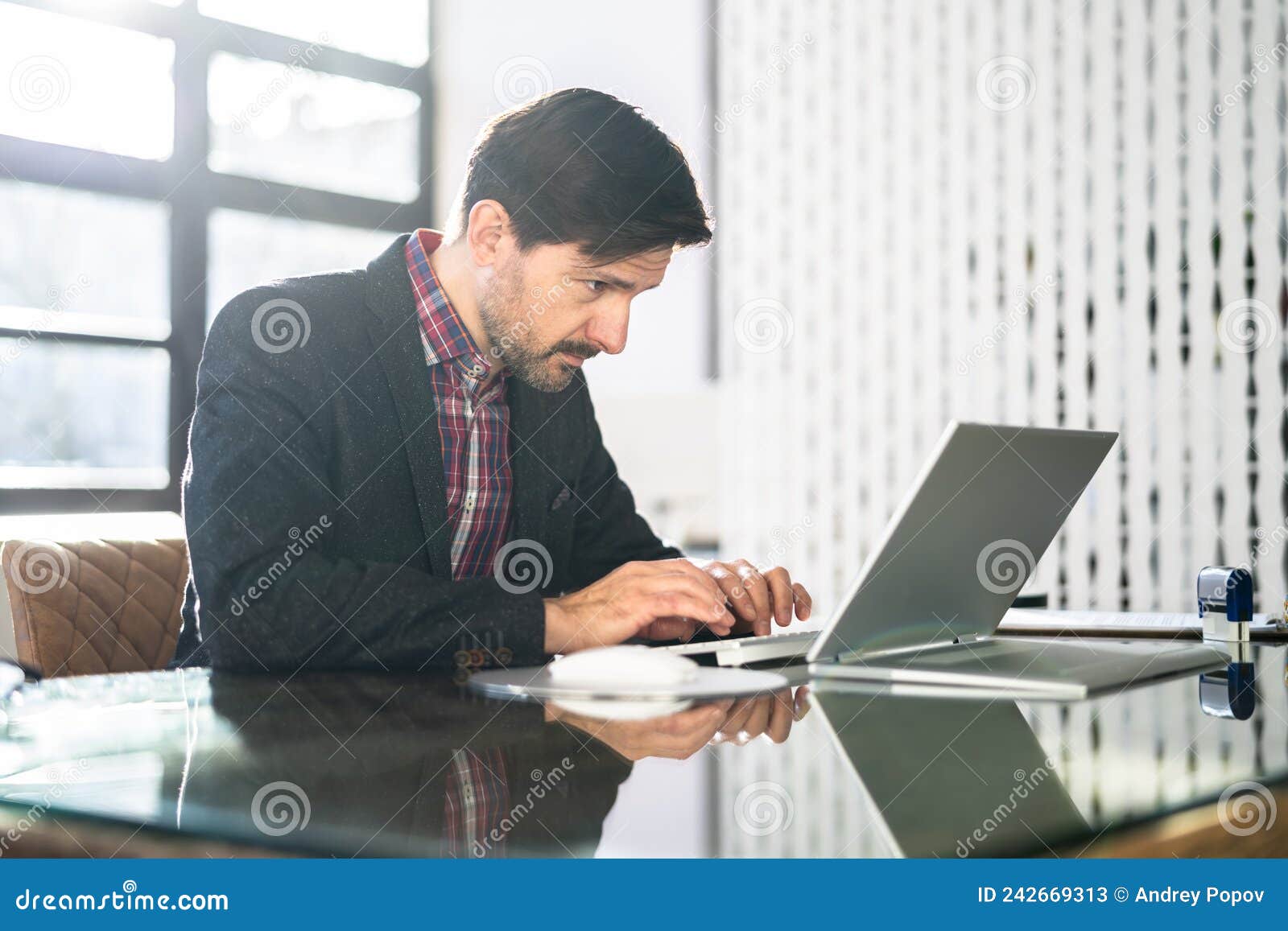 Man Sitting in Bad Posture Working on Computer Stock Image - Image of ...