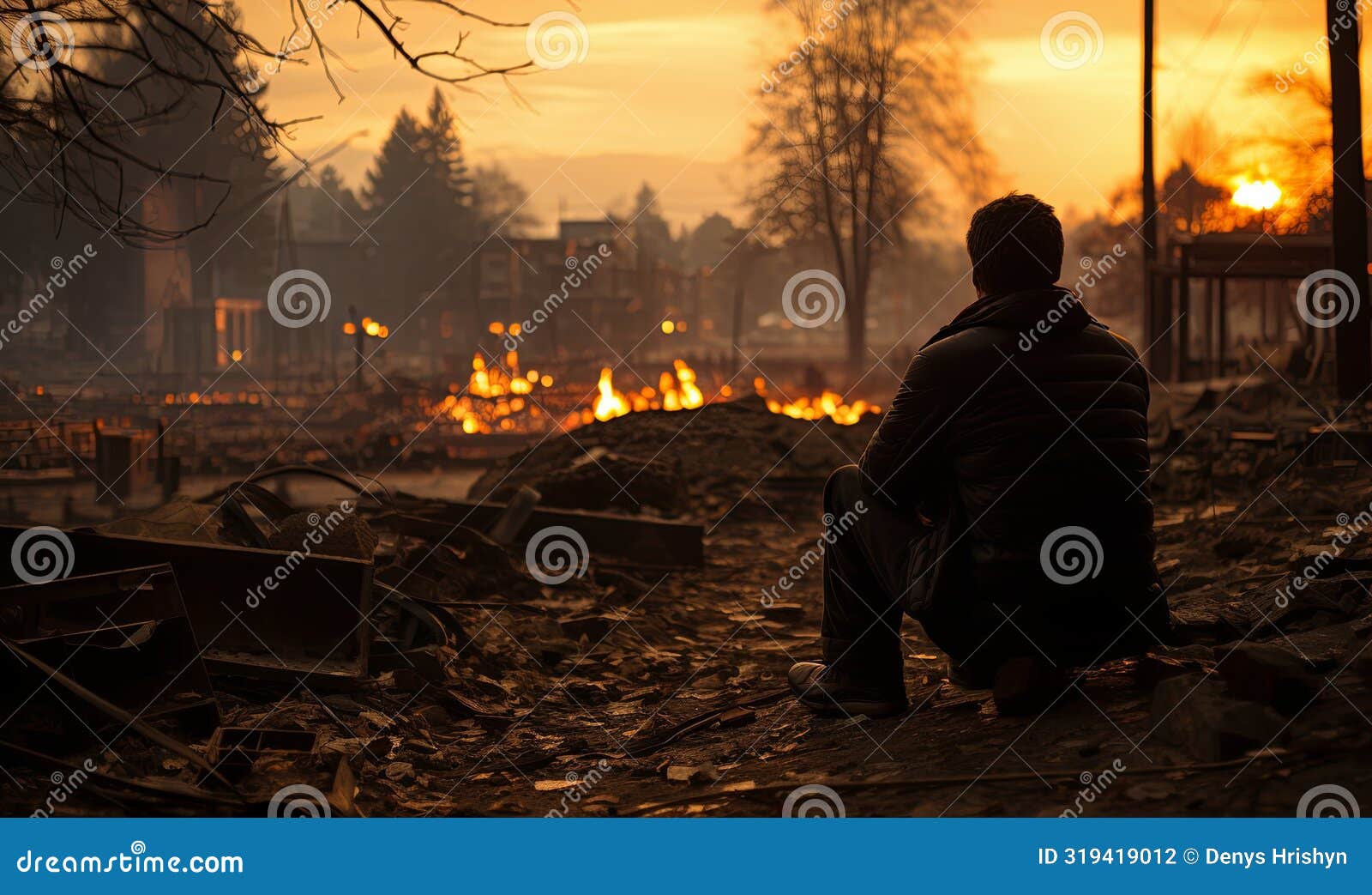 Man Sitting on Bench by Fire Stock Illustration - Illustration of fire ...