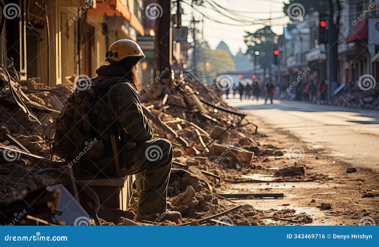 Man Sitting on Bench in Front of Pile of Rubble Stock Photo - Image of ...