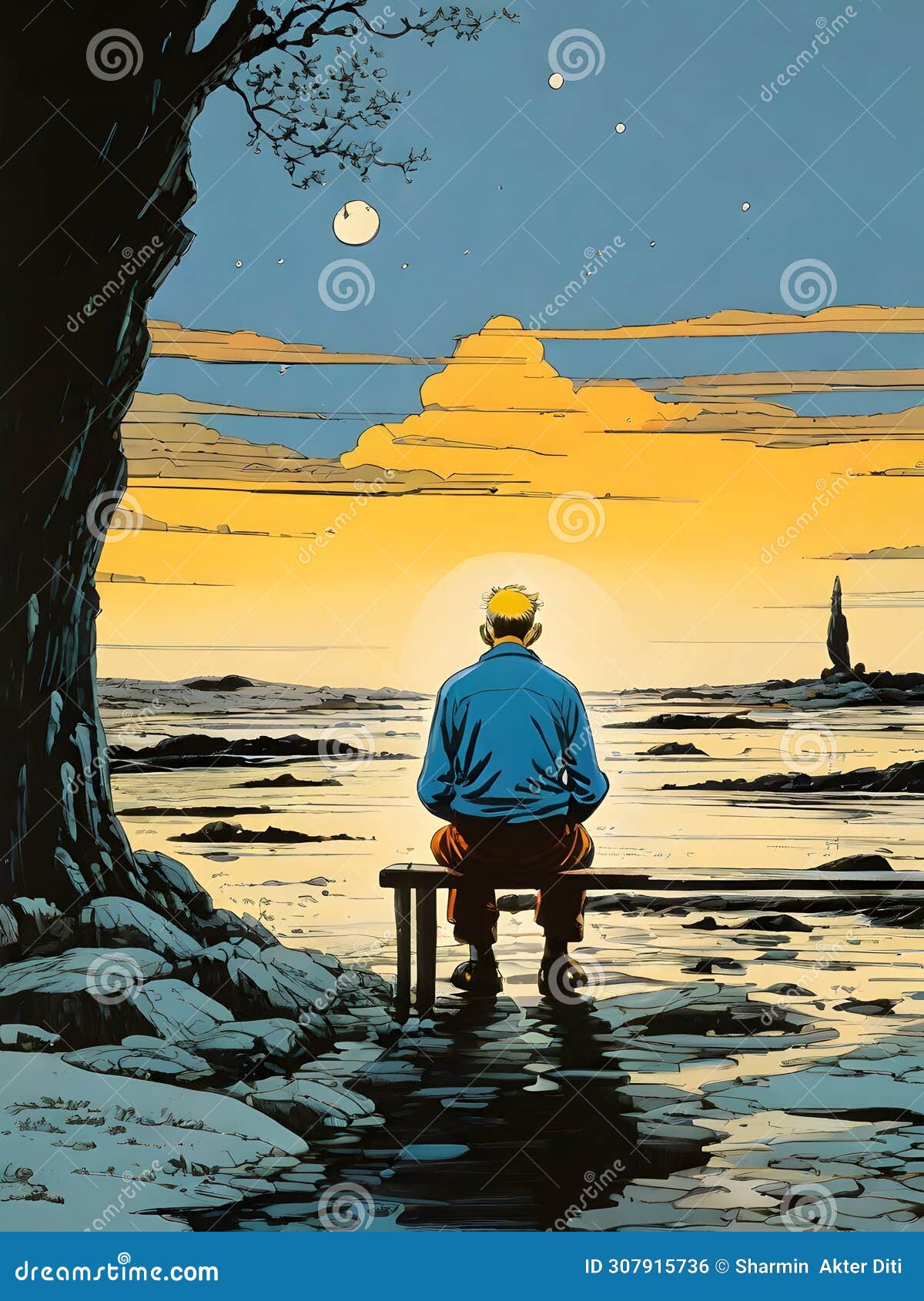 Illustration of a Man Sitting on a Bench Looking at the Sunset Stock ...