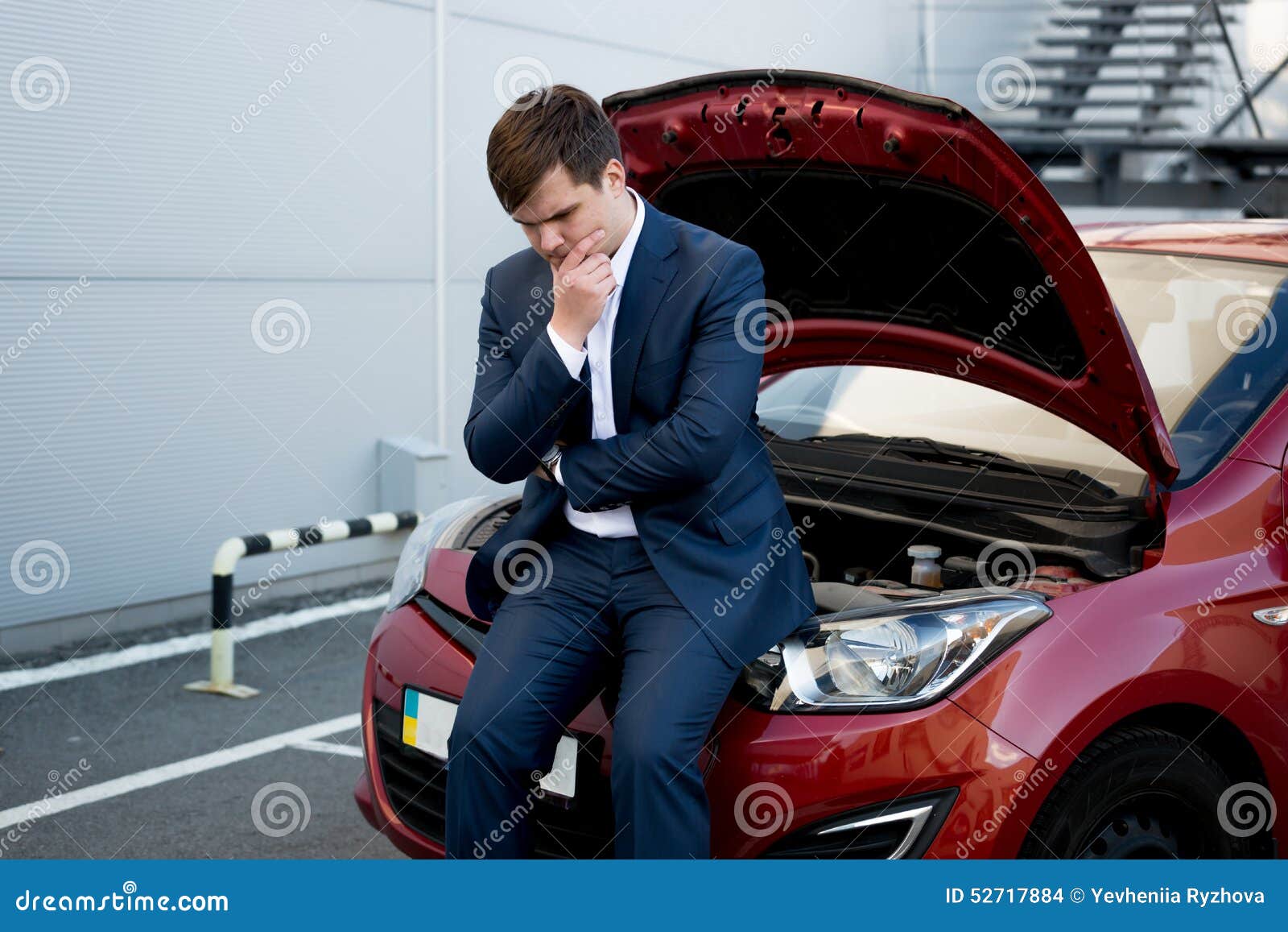 Man Sitting on Bonnet Upset because of Broken Car Stock Photo - Image ...
