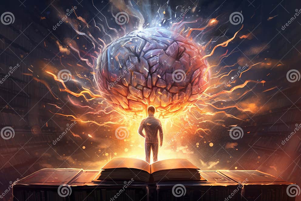 Man Sitting on Book and Brain Explosion Coming Out of Book. Education ...