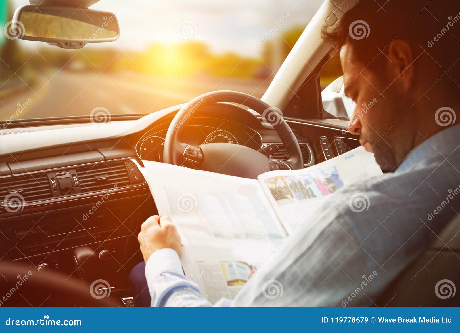 Man Sitting in Car and Looking at Road Map Stock Image - Image of males ...