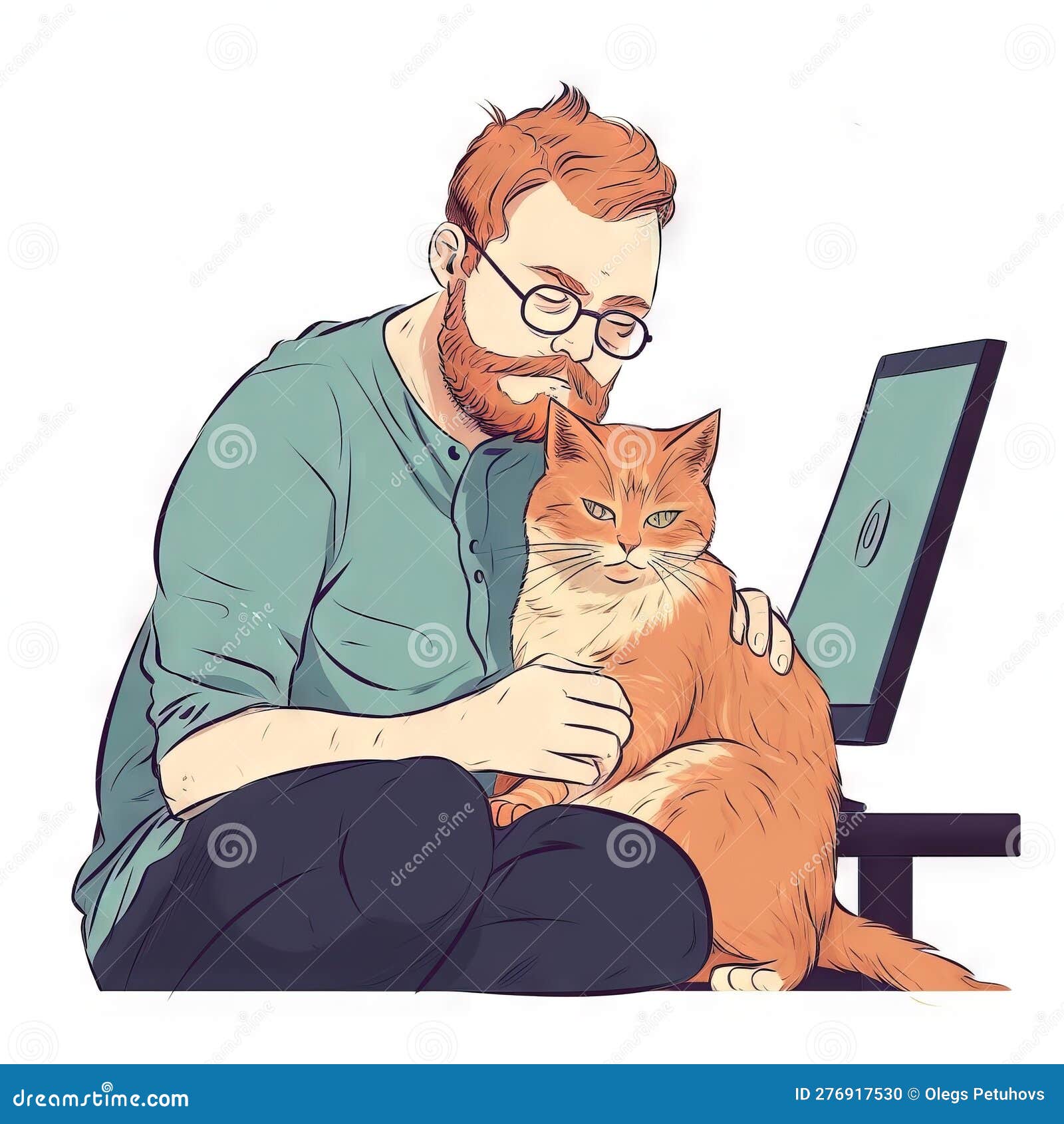 A Man Sitting on a Chair with a Cat in Front of Him Stock Illustration ...