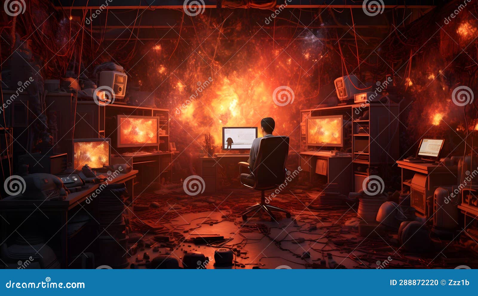 A Man Sitting in a Chair in Front of a Computer in Burning Room Full of ...