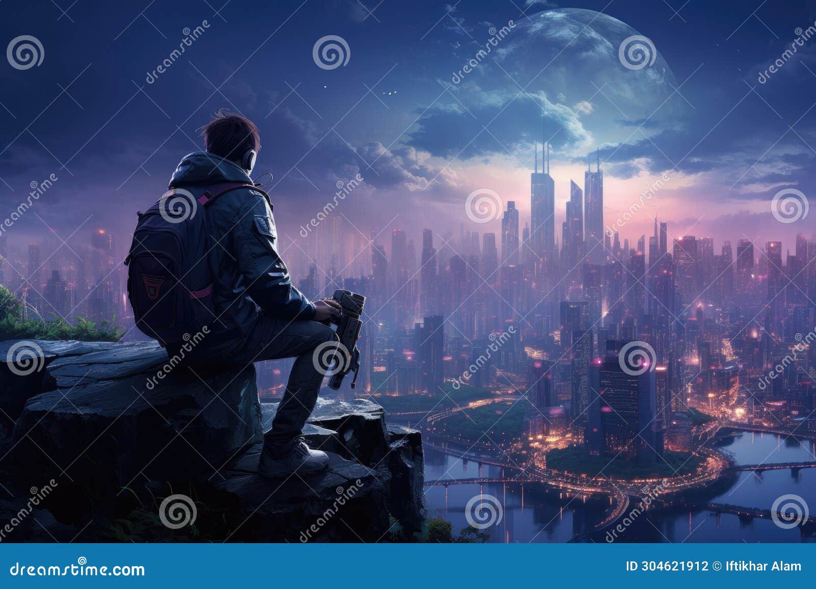 Man Sitting on Cliff Overlooking Cityscape, Serene and Majestic View ...