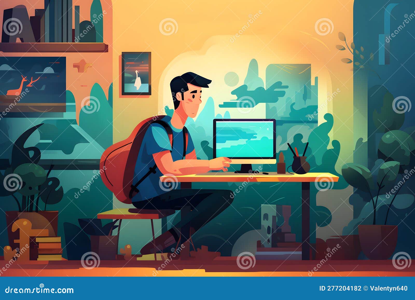 Man Sitting at Computer Desk with Backpack on His Back and Backpack on ...